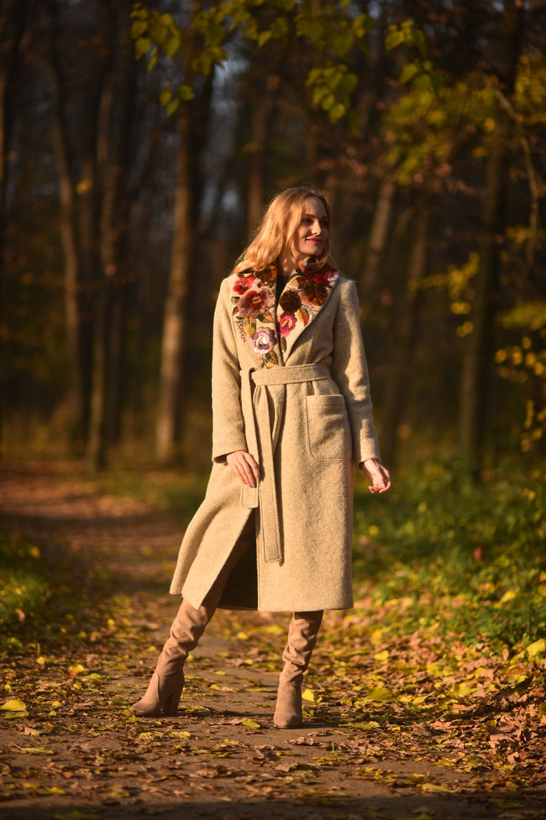 Autumn Coat Embroidered Coat Long Wool Coat Warm Coat Beige | Etsy