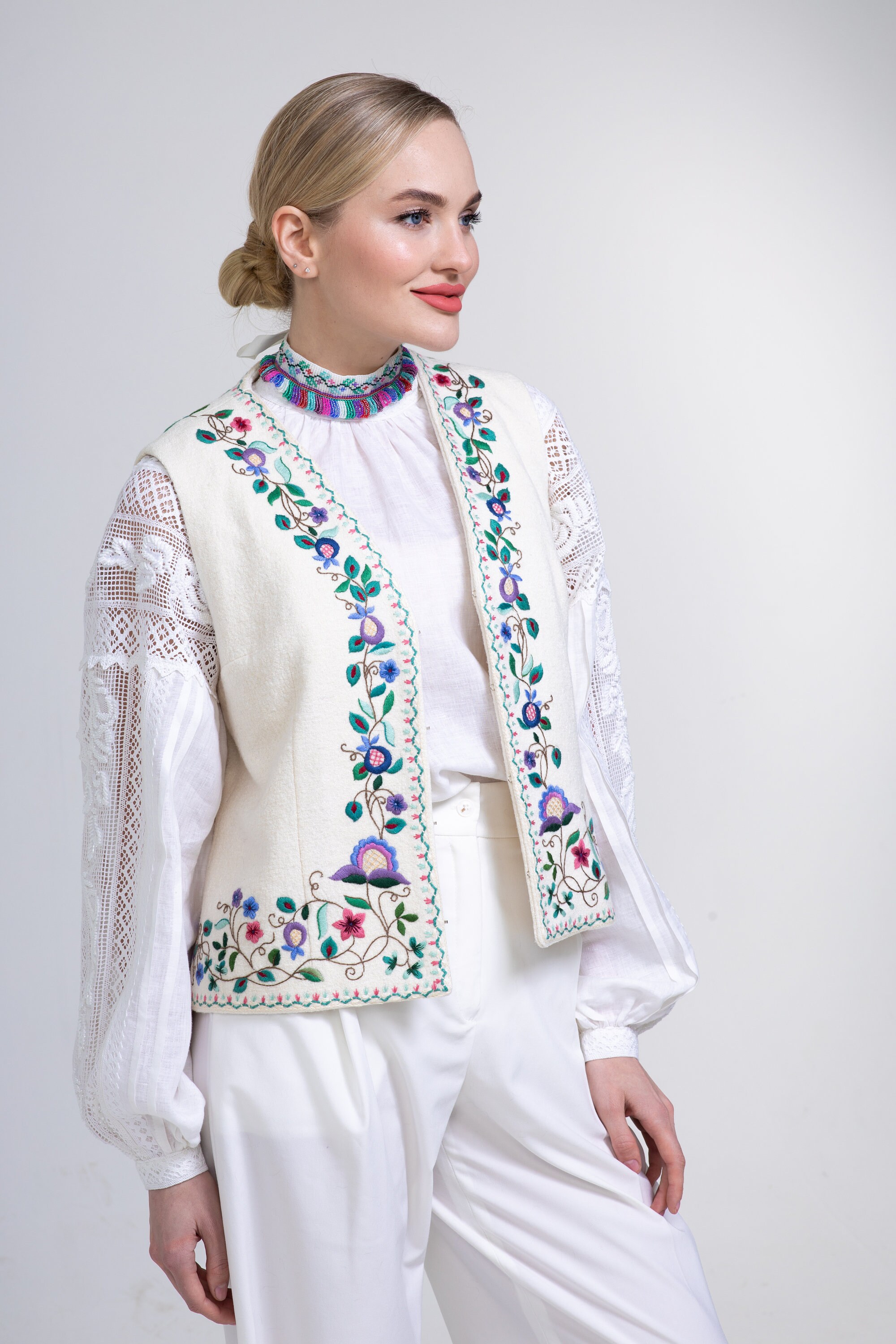 White Vest, Embroidered Vest, Handmade Vest, Black Short Vest, Wool ...