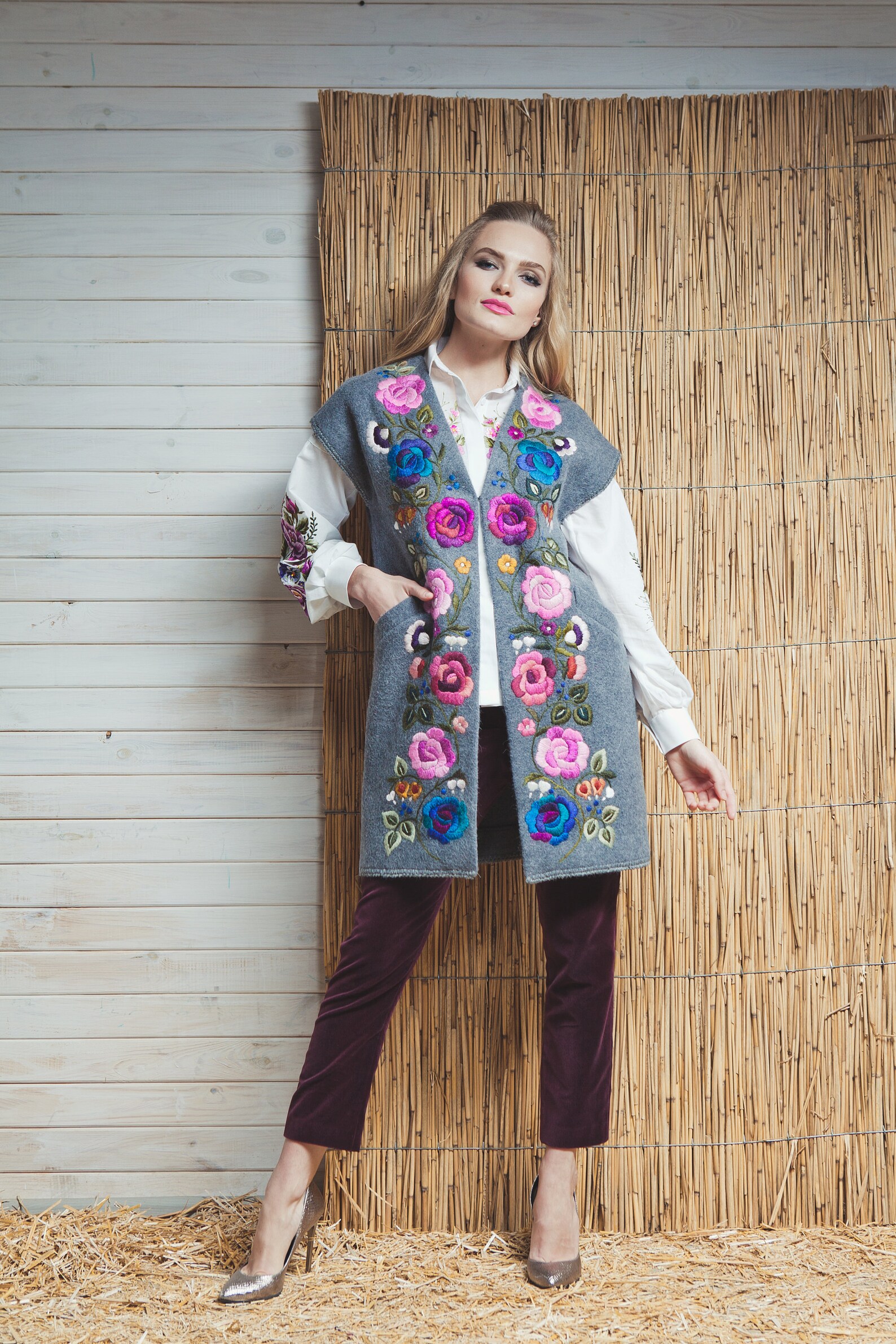 Embroidered Vest Embroidered Waistcoat Gray Vest Wool Vest | Etsy