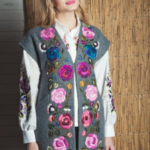 Embroidered Vest, Embroidered Waistcoat, Gray Vest, Wool Vest Woman ...