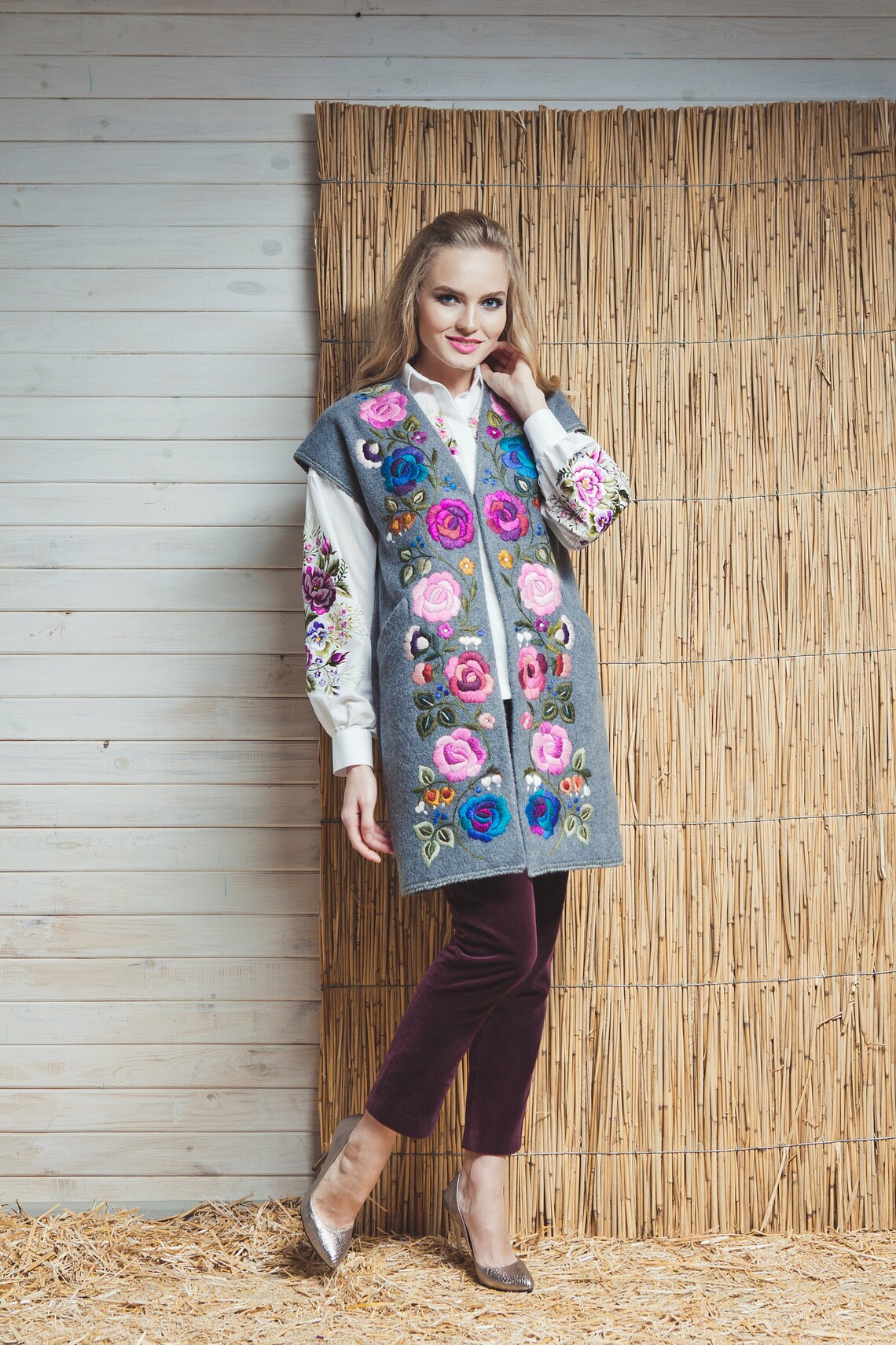 Embroidered Vest Embroidered Waistcoat Gray Vest Wool Vest | Etsy