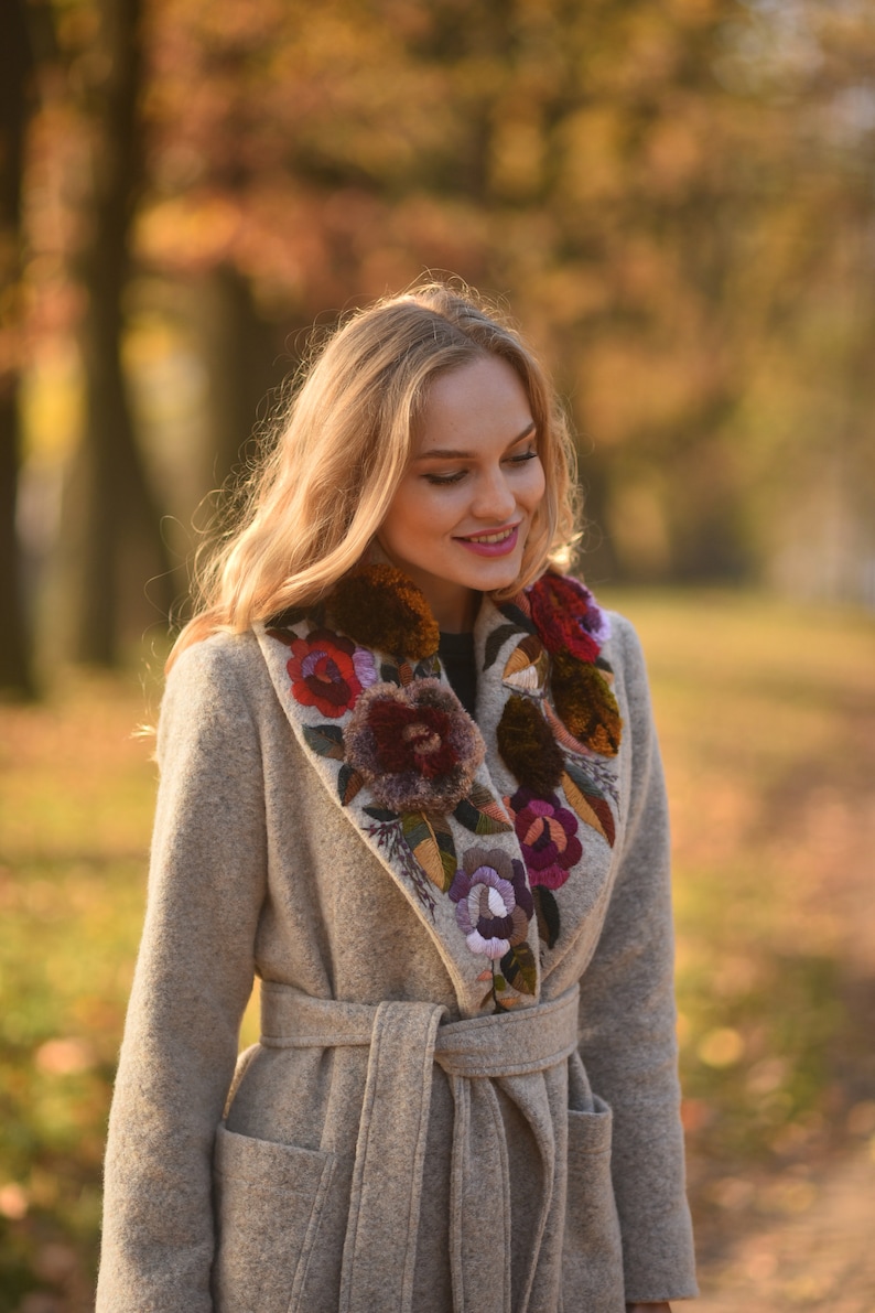 Autumn Coat Embroidered Coat Long Wool Coat Warm Coat Beige - Etsy