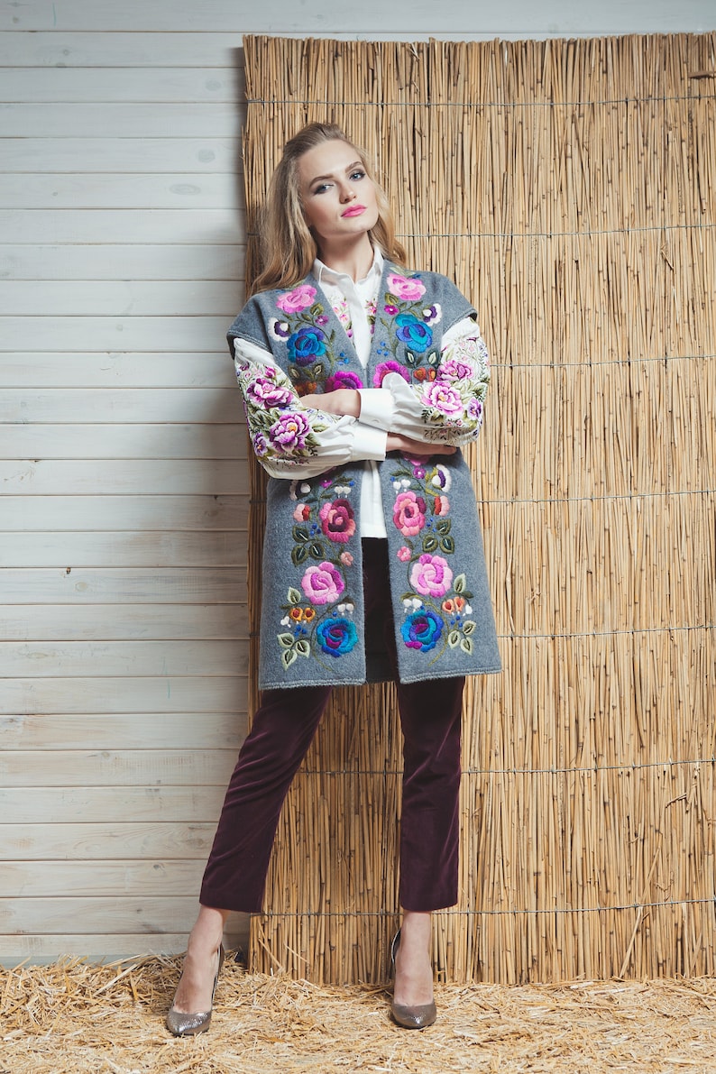 Embroidered Vest Embroidered Waistcoat Gray Vest Wool Vest | Etsy