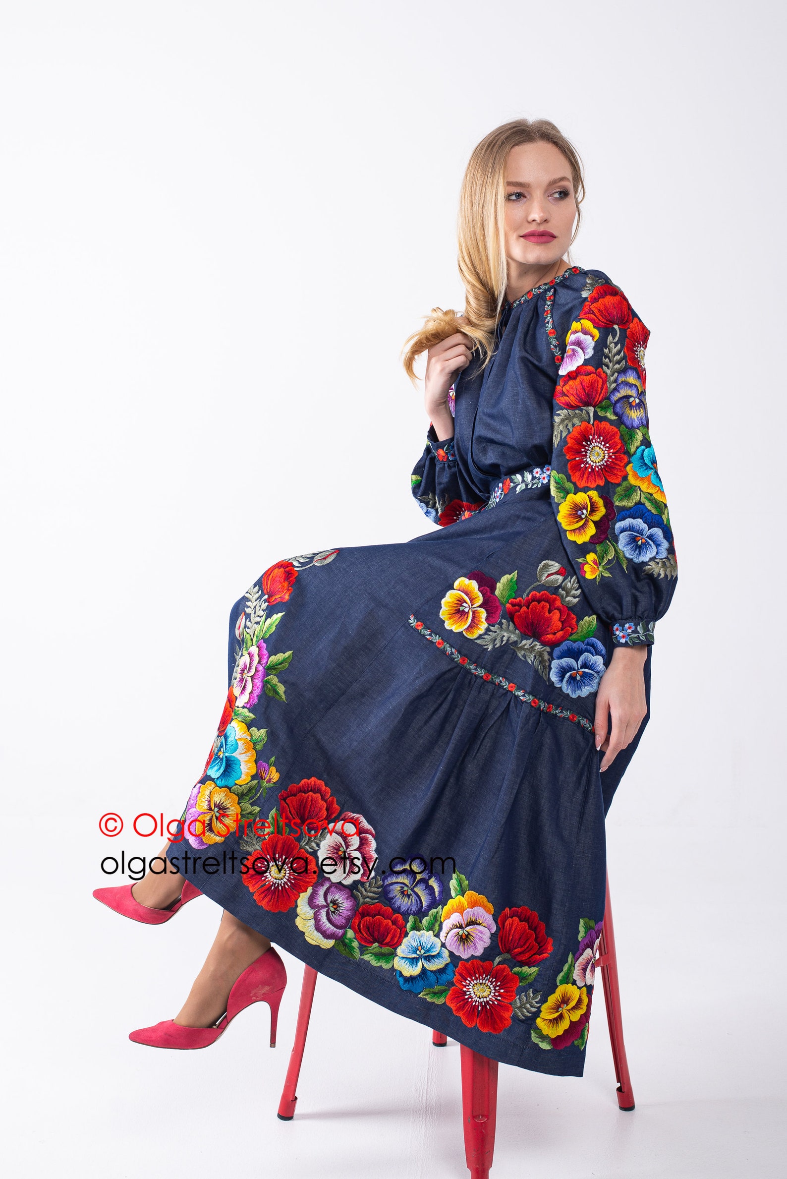 Embroidered Dress Denim Dress Office Dress Knee Length Dress - Etsy