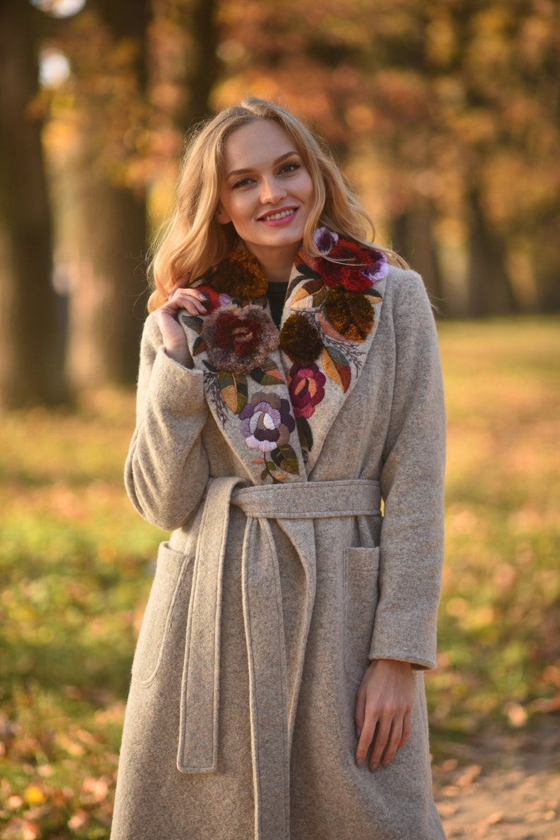 Autumn Coat Embroidered Coat Long Wool Coat Warm Coat Beige - Etsy