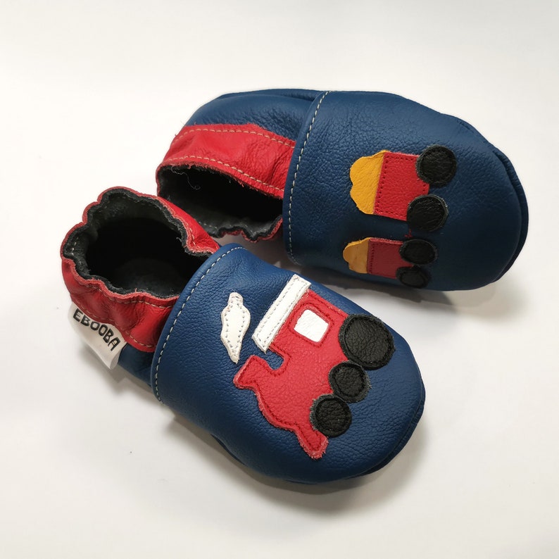 Locomotive Slippers, Leather Baby Shoes, Blue Baby Booties, Train Baby ...