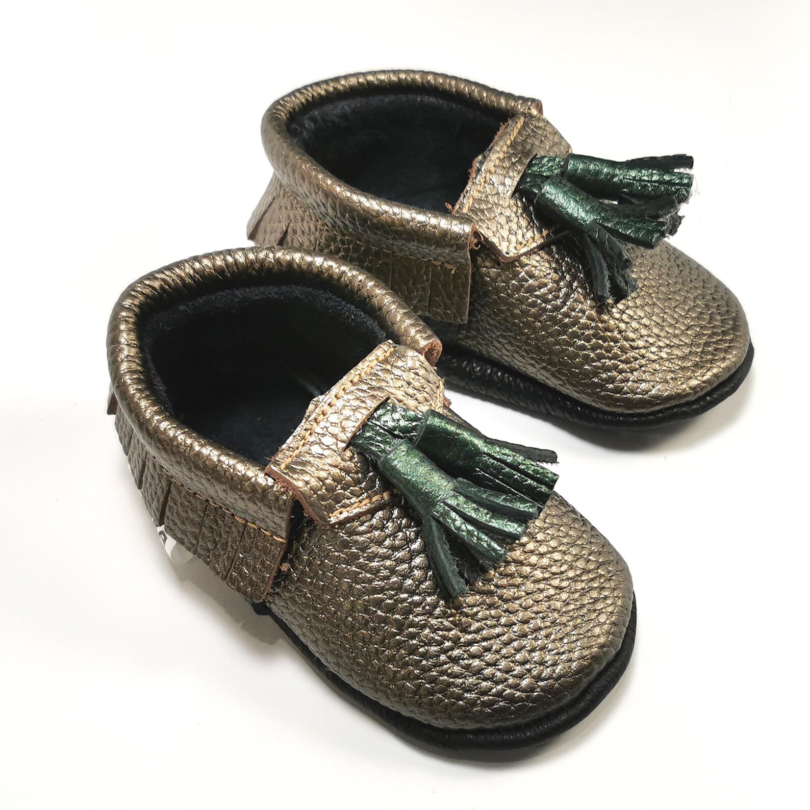 Bronze Baby Moccs, Baby Leather Moccasins, Baby Fringe Booties, Bells ...