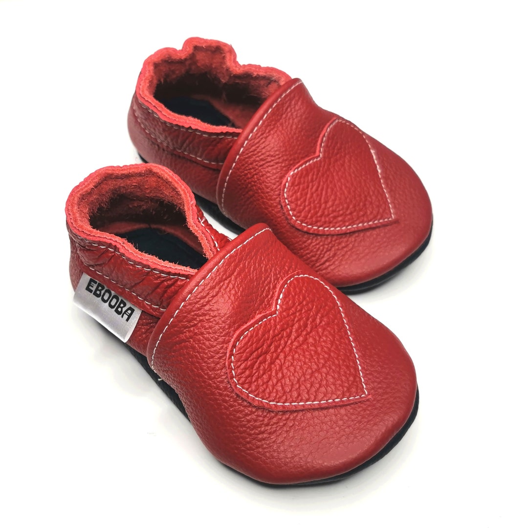 Girls Baby Shoes With Heart, Red Leather Soft Shoes, Kids Slippers ...