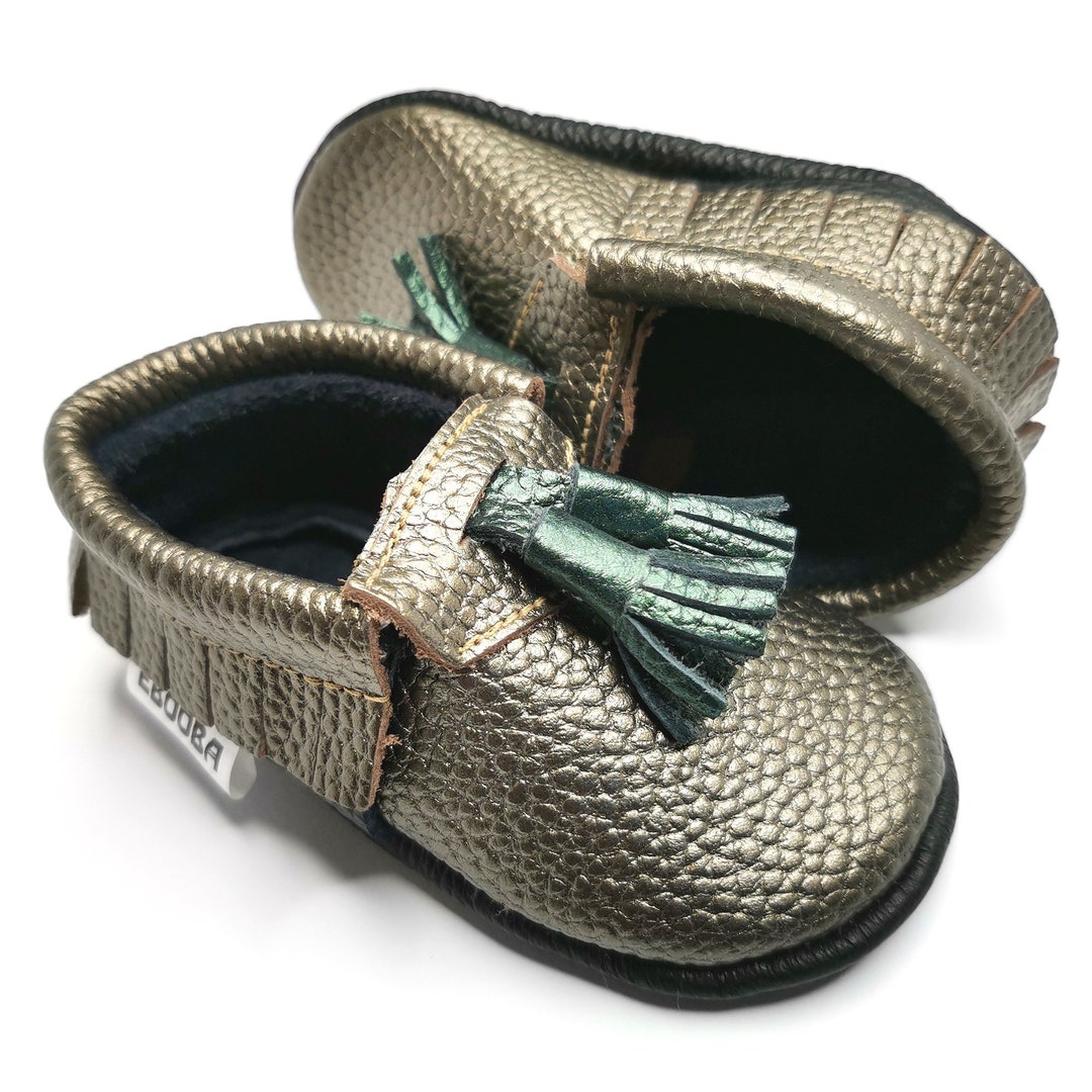 Bronze Baby Moccs, Baby Leather Moccasins, Baby Fringe Booties, Bells ...