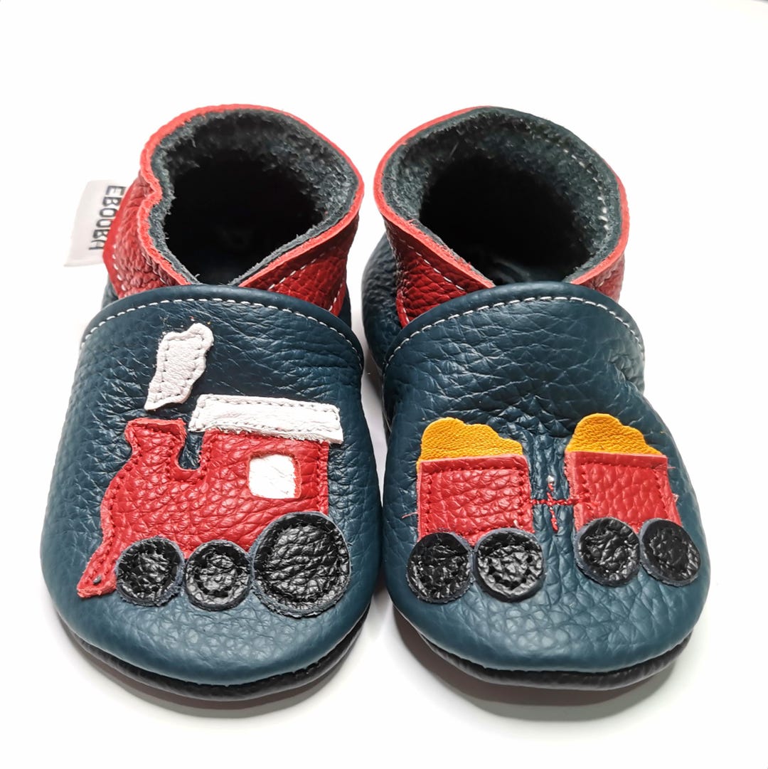Locomotive Slippers, Leather Baby Shoes, Blue Baby Booties, Train Baby ...