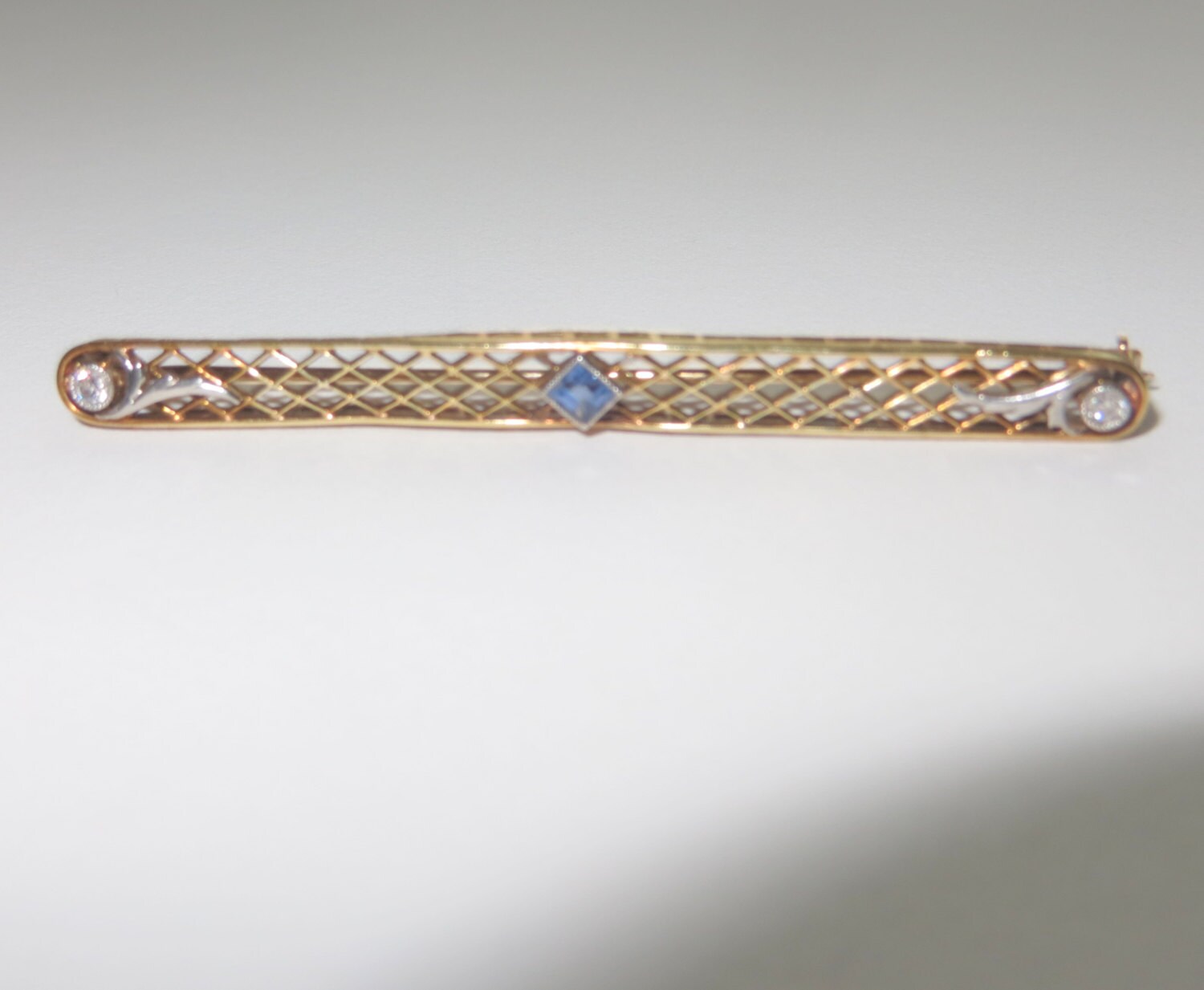 C1920 Art Deco 14K Gold Blue Topaz Diamond Bar Pin Filigree | Etsy