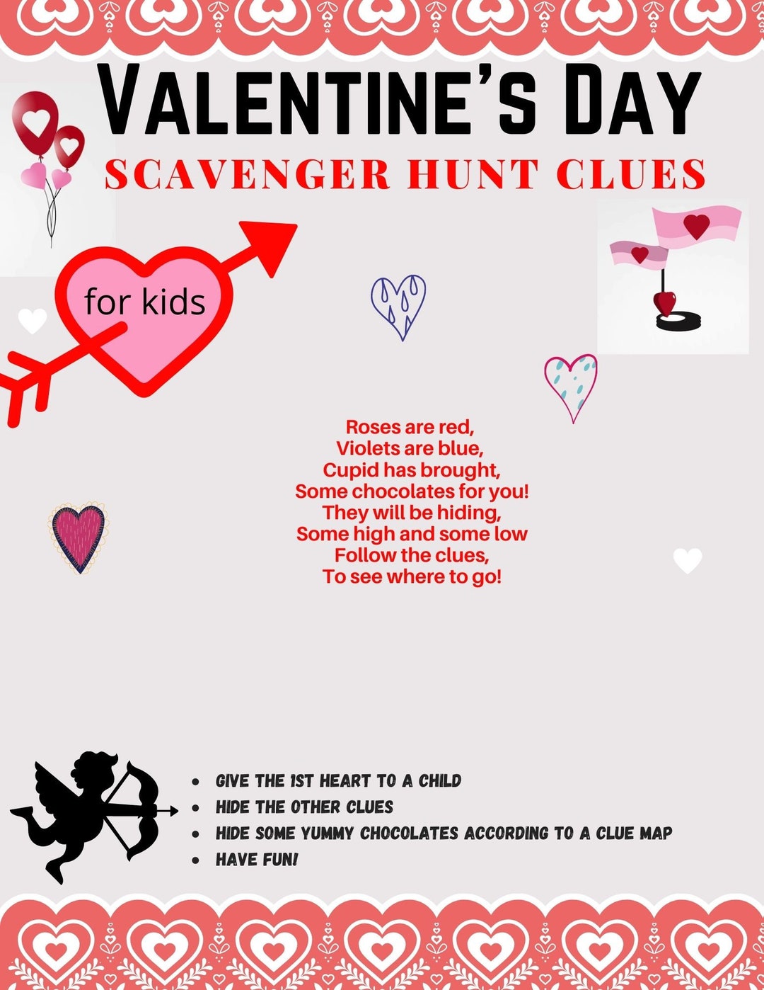Valentines Day Scavenger Hunt ( 12 - Rhyming Clues ) + Free Printable ...