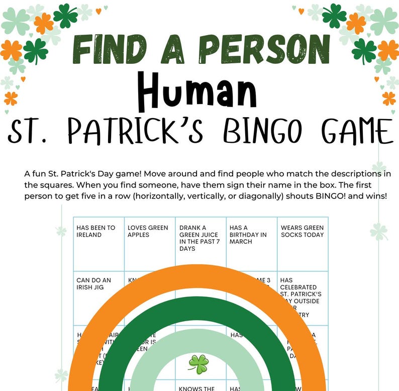 St.patrick Person Bingo Game. Mix and Mingle Bingo, Get to Know You ...