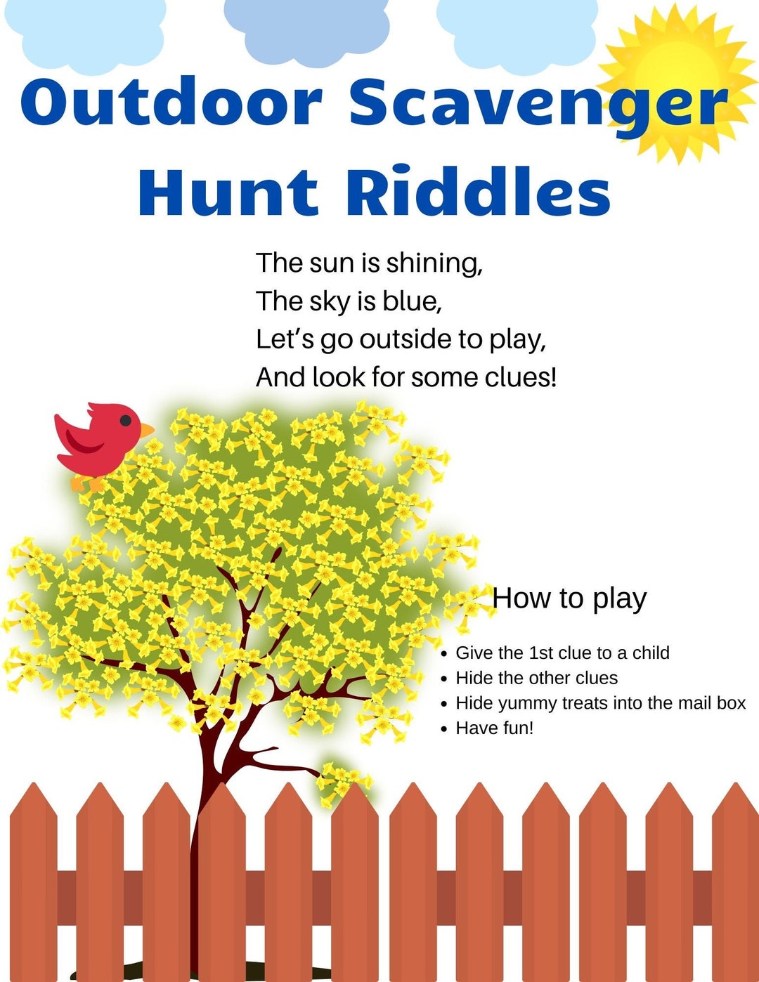 Outdoor Kids Scavenger Hunt Rhyming Clues (riddles) - 12 Rhyming Clues ...
