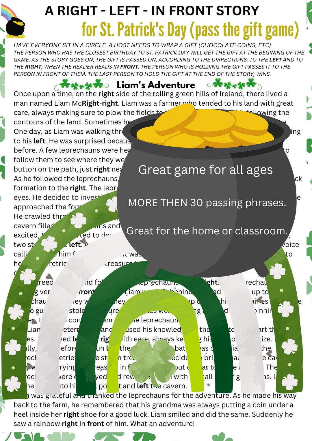 St. Patrick's Left Right in Front Game | Pass the Prize | St Patrick's ...