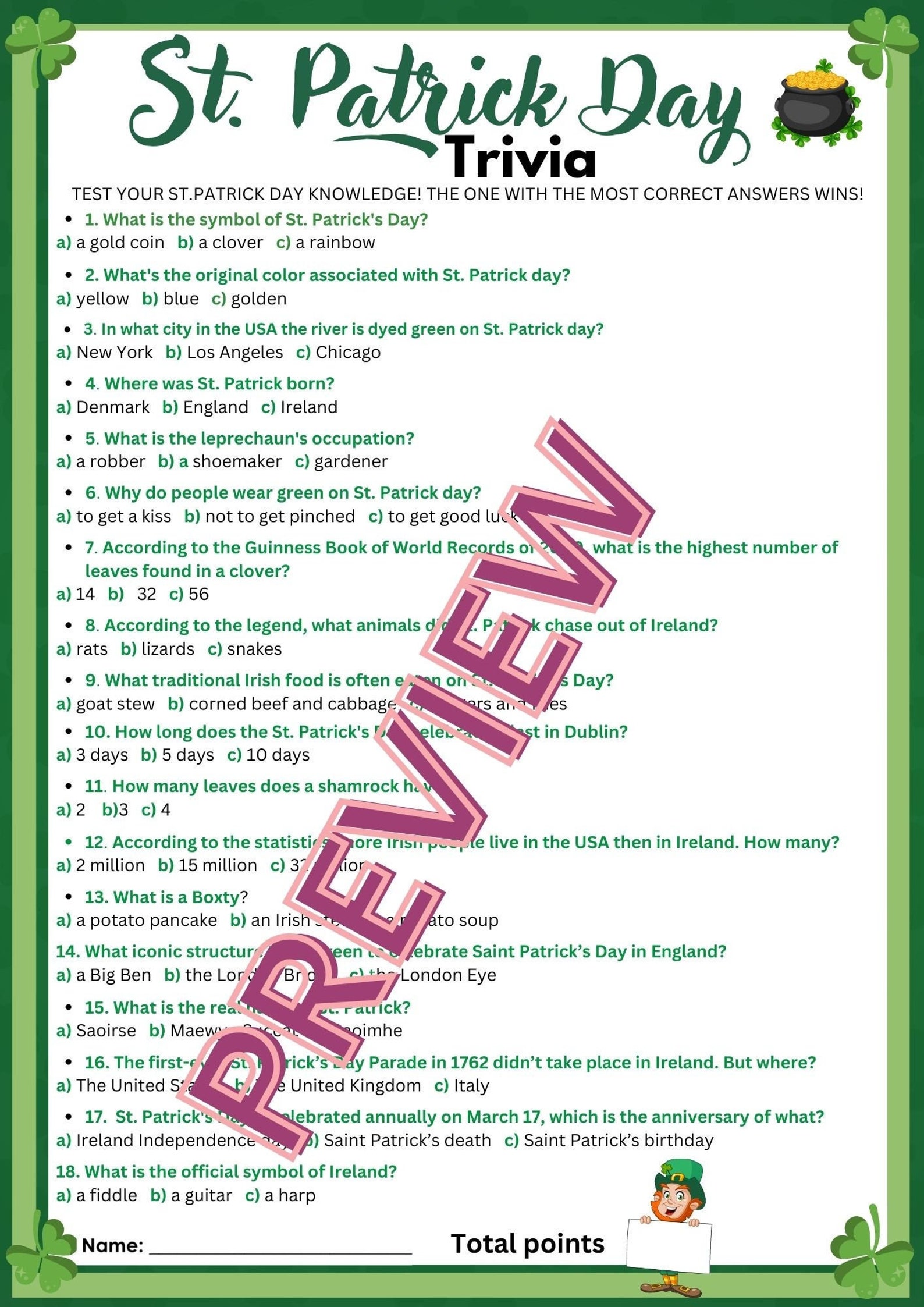 St. Patrick's Day Trivia Questions Game/ Trivia for St.patrick's Day ...