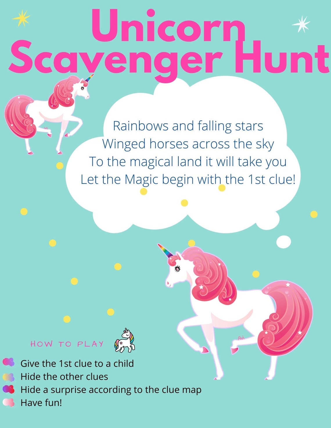 Unicorn Scavenger Hunt Rhyming Clues riddles 12 Ryming Clues Unicorn ...