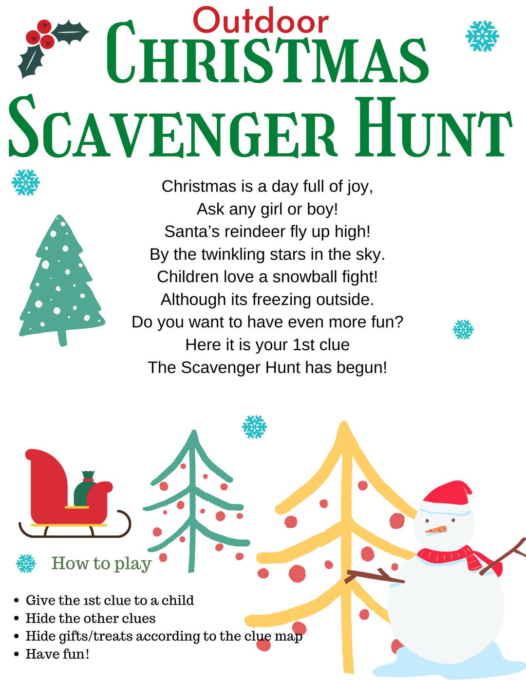 Outdoor Merry Christmas Scavenger Hunt Riddles/clues, Gift Search - 12 ...