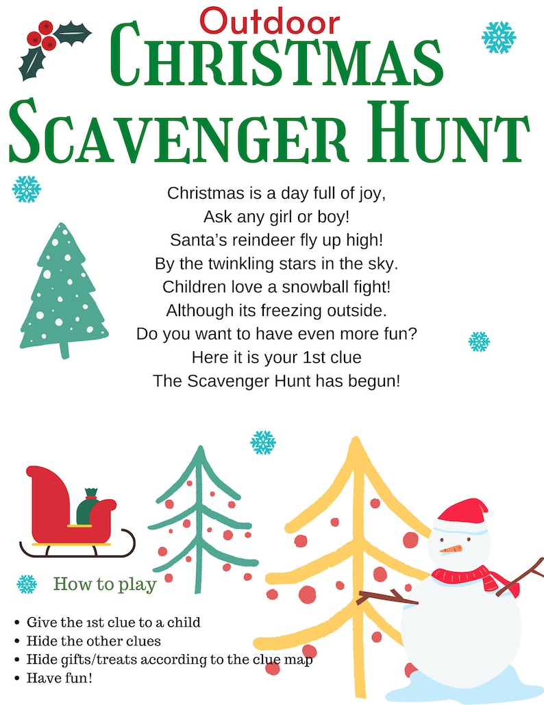 Outdoor Merry Christmas Scavenger Hunt Riddles/clues, Gift Search - 12 ...