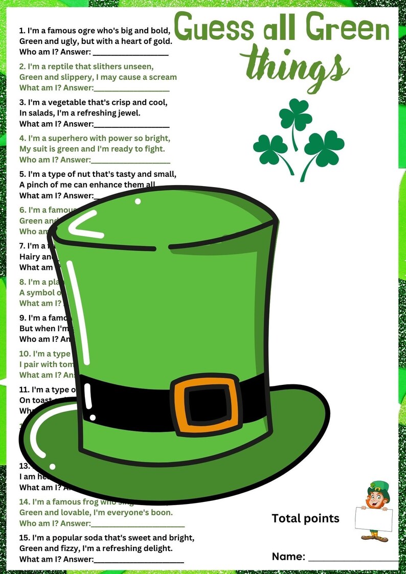 St. Patrick's Day Game: Guess Green Things - Fun Kids Quiz (printable ...