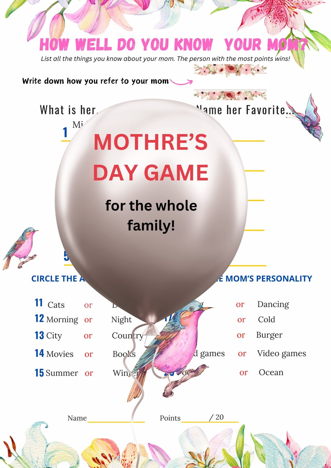 How Well Do You Know Your Mom? Game - Mother's Day Game, Mom's Birthday ...