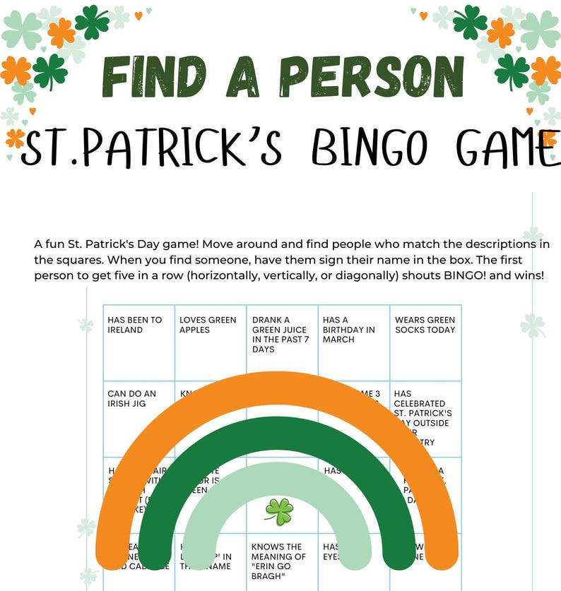St.patrick Person Bingo Game. Mix and Mingle Bingo, Get to Know You ...