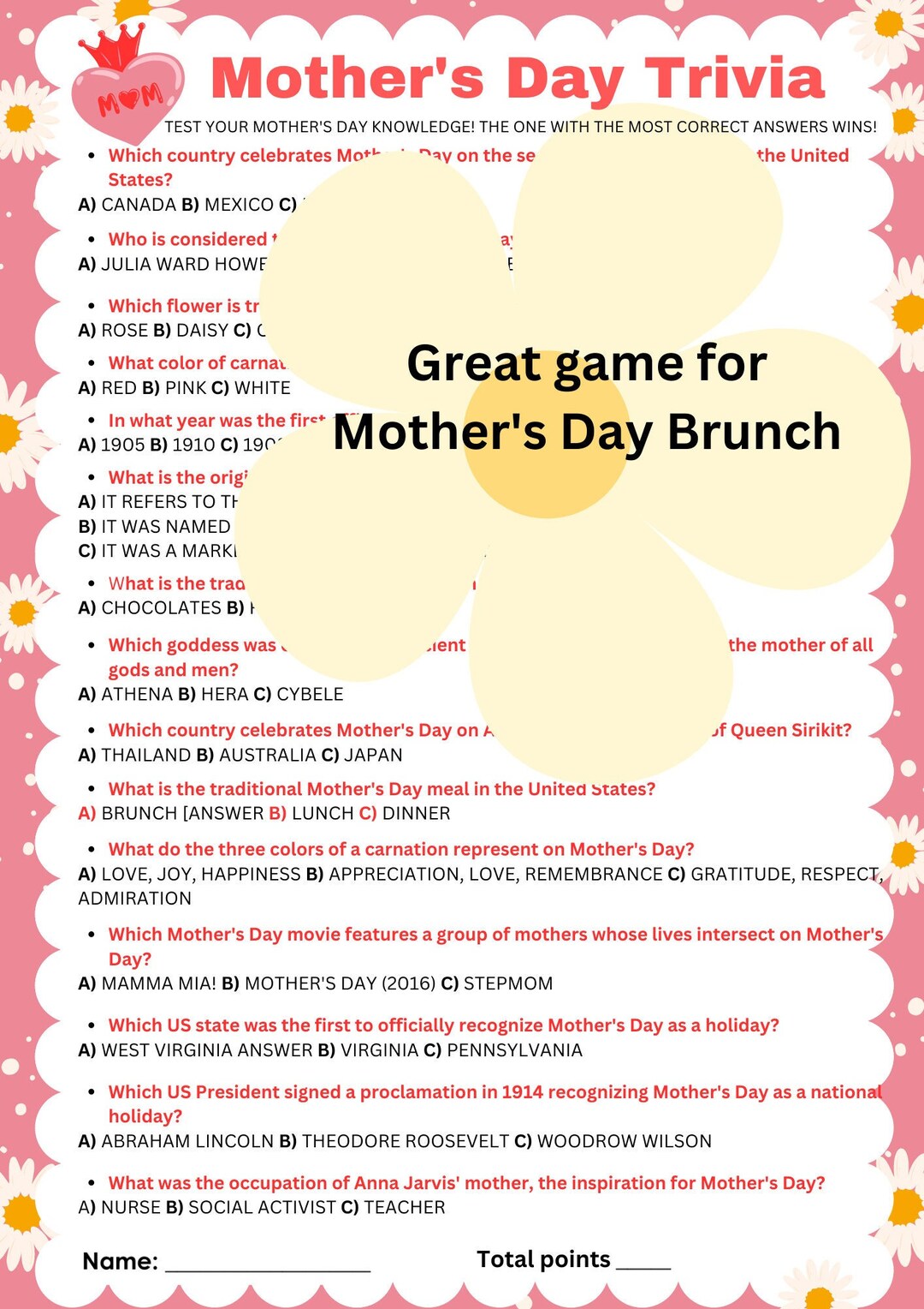 Mother's Day Trivia Game - Etsy