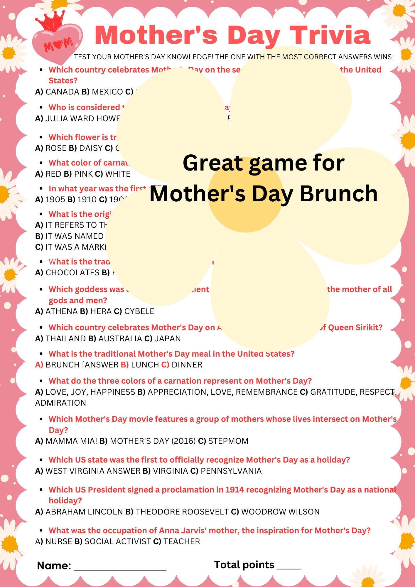Mother's Day Trivia Game - Etsy
