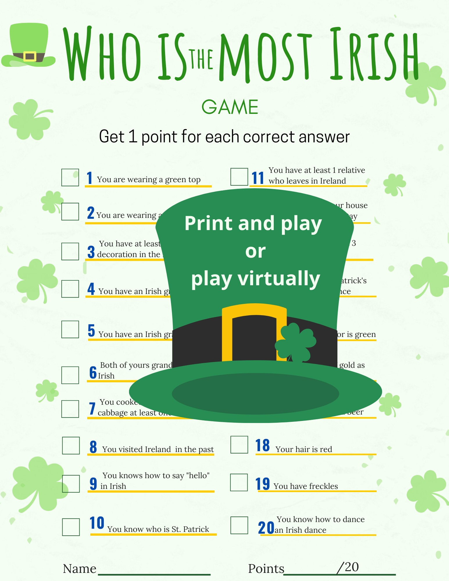 Who is the Most Irish St. Patrick's Day Adult Game - Etsy