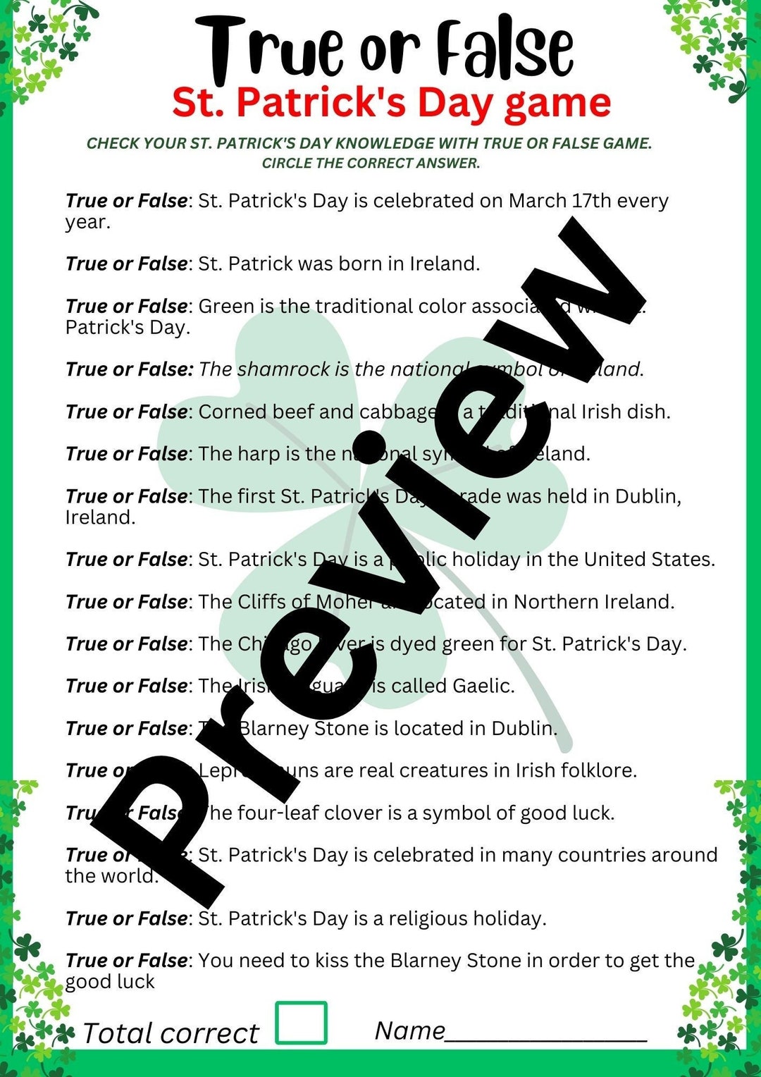 St. Patrick's Day True or False Game (PDF) - Etsy