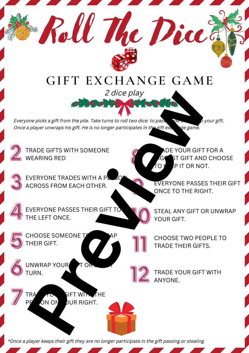 Roll the Dice Gift Exchange Game, (FREE DICE TEMPLATE) White Elephant ...
