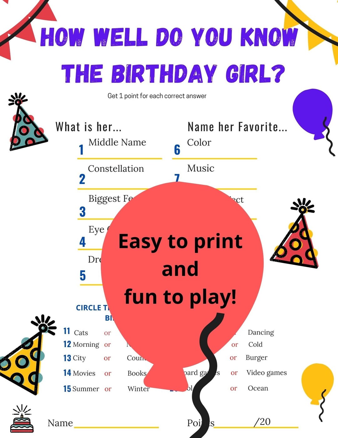 Birthday Girl Game: Printable Party Activity (PDF) - Etsy UK