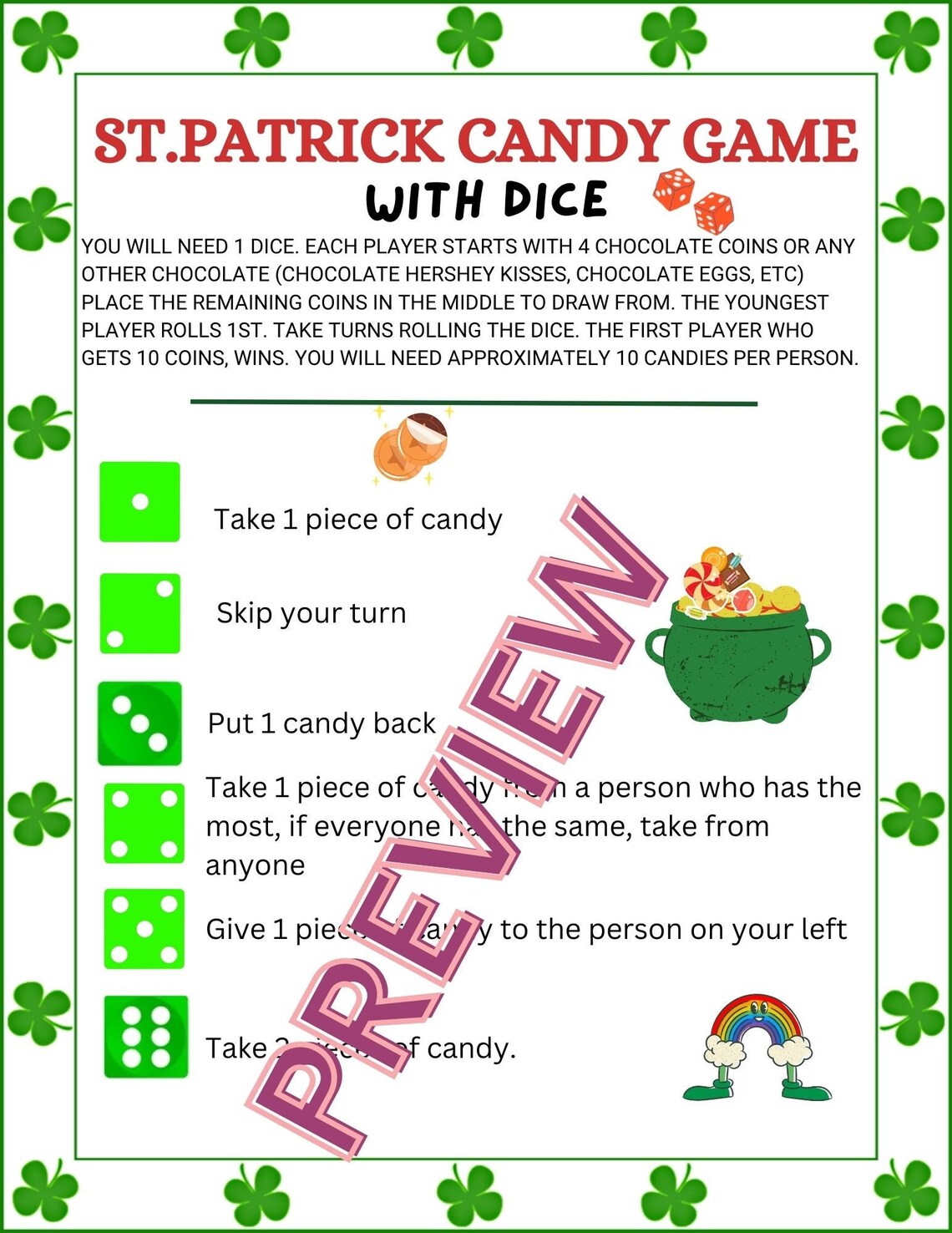 St. Patrick Roll the Dice Candy Game (chocolate Coins Game) Candy Game ...