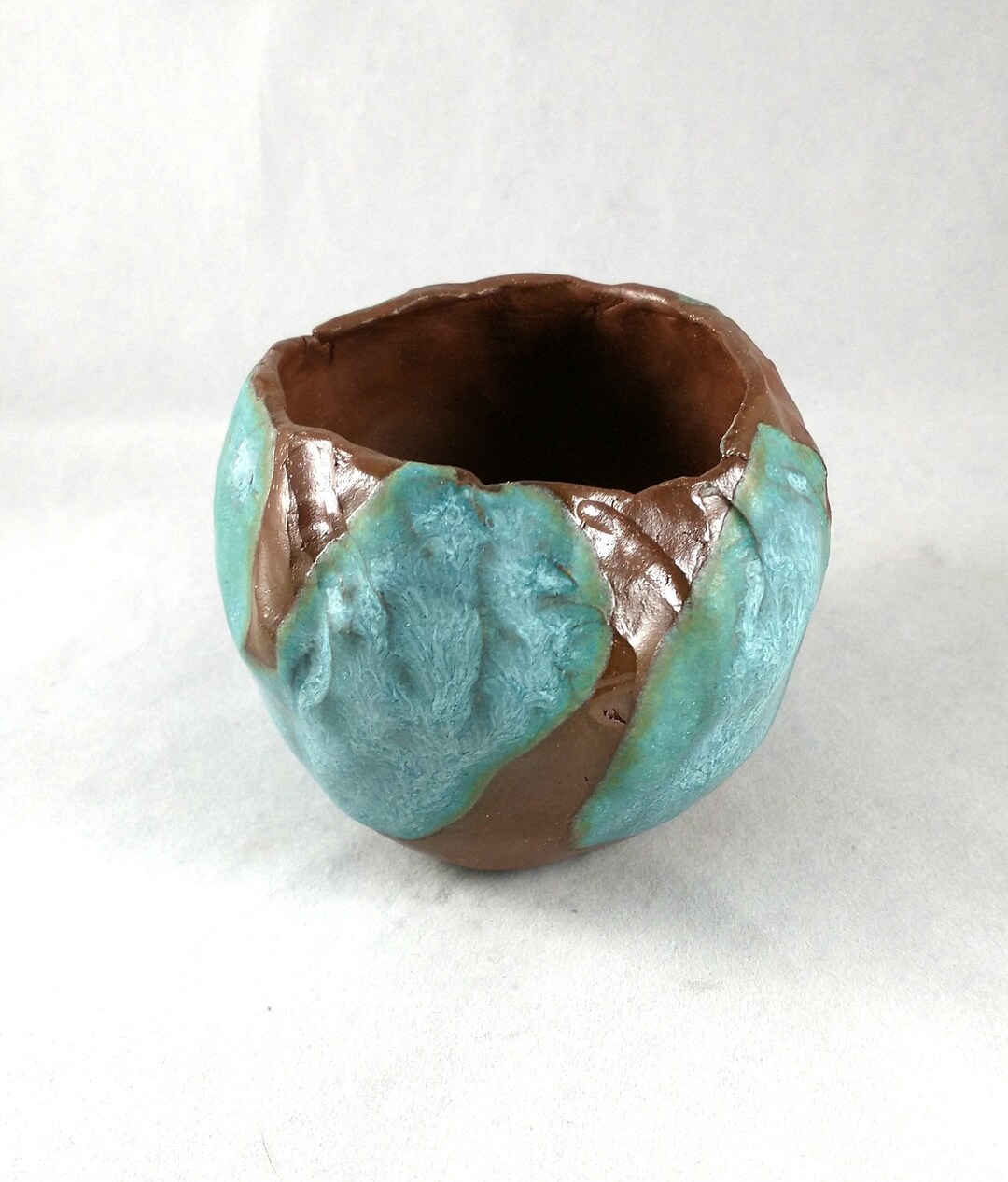 Handmade Pottery Small Pinch Pot Bronze Green Patina Glaze Over Red ...