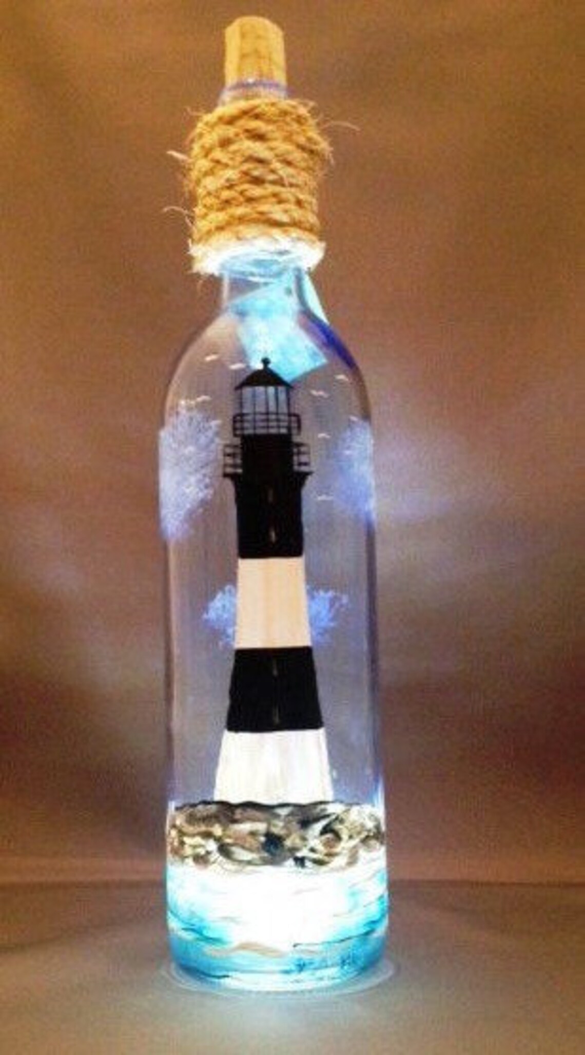 Lighthouse Handpainted Wine Bottle With Soft LED Light - Etsy