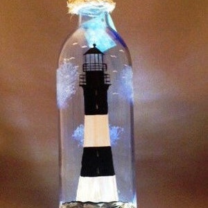 Lighthouse Handpainted Wine Bottle With Soft LED Light - Etsy
