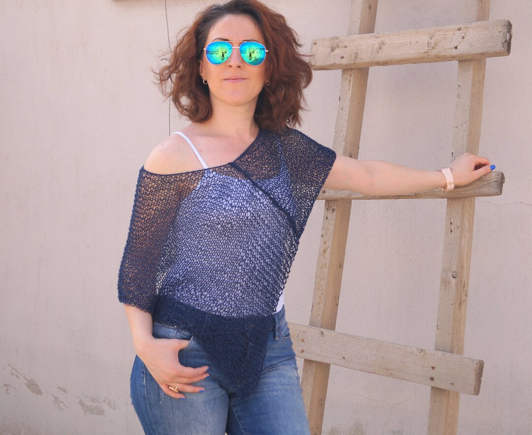 Blue Poncho,womens Poncho,hand Knit Poncho,navy Blue Poncho,beach Cover ...