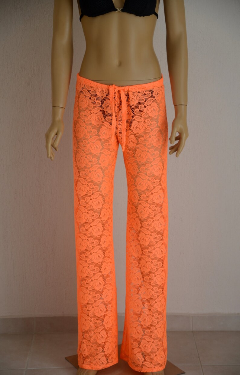Neon Orange Crochet Lace Beach Bell Bottoms//yoga - Etsy