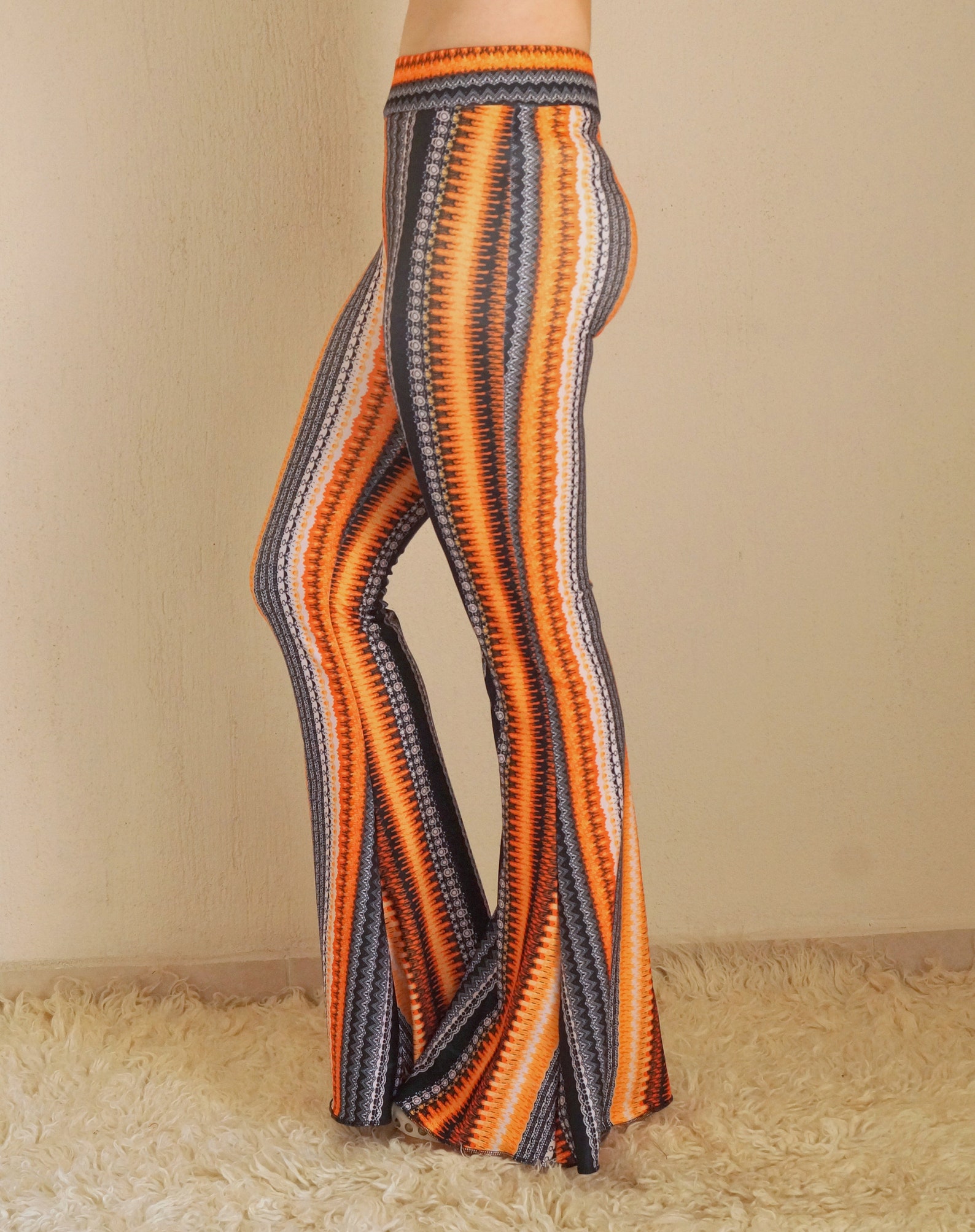 Orange Boho Stripe Bell Bottoms Women,flare,boho,women Leggings,70's ...