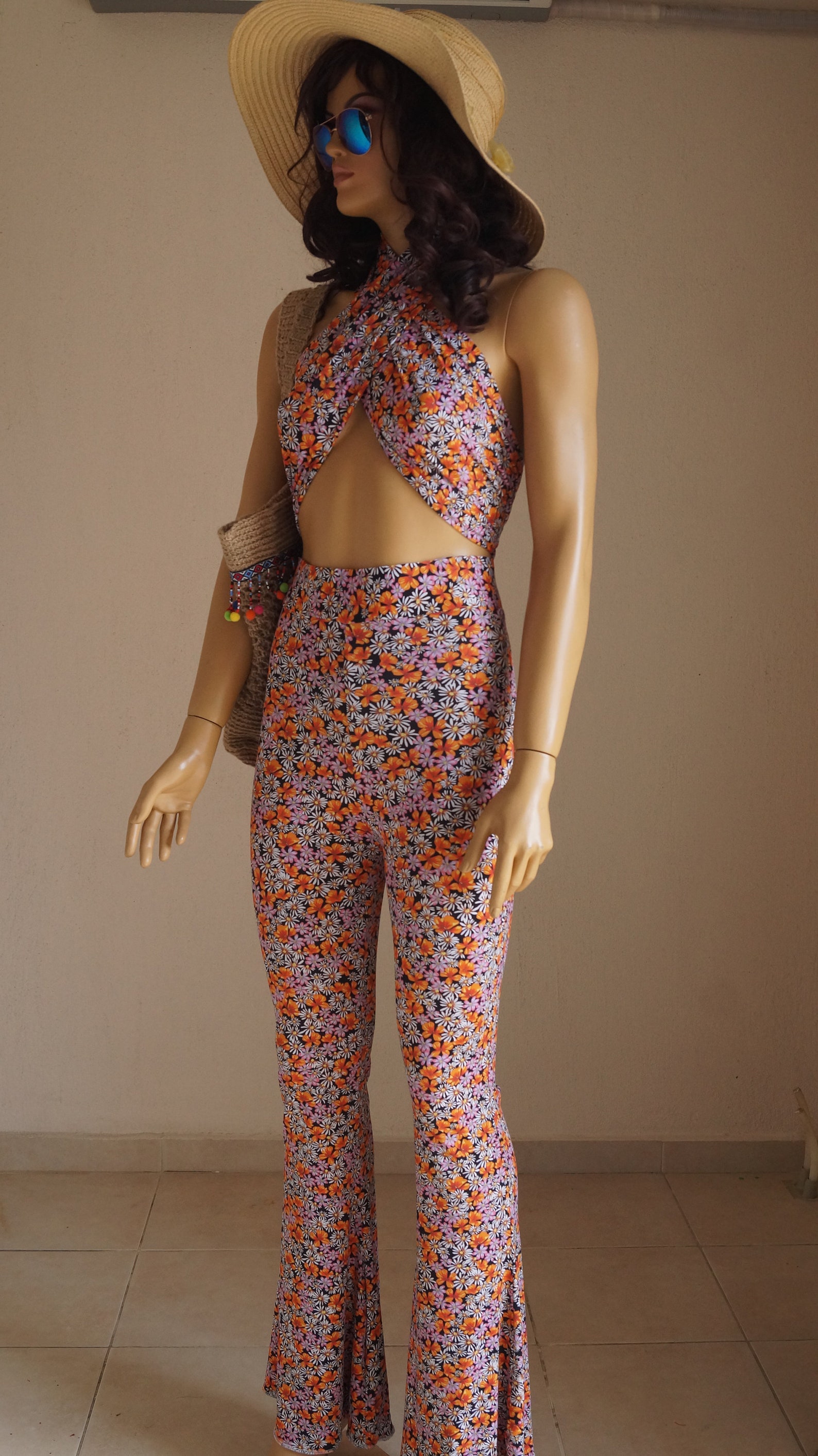 Floral High Waist Bell Bottoms and Multiway Wrap Crop - Etsy
