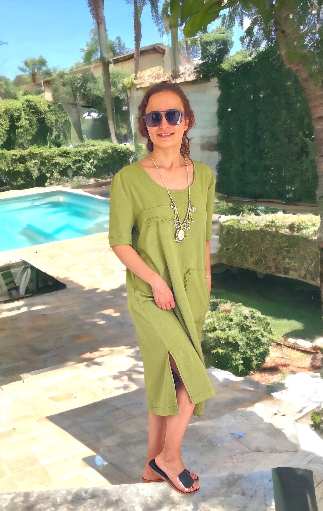 Green Linen Dress,summer Outfit Women,boho Relax Dress,casual Beachwear ...