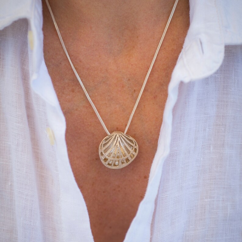 Sea Shell Locket Necklace With Pearls, Large Sterling Silver Seashell ...