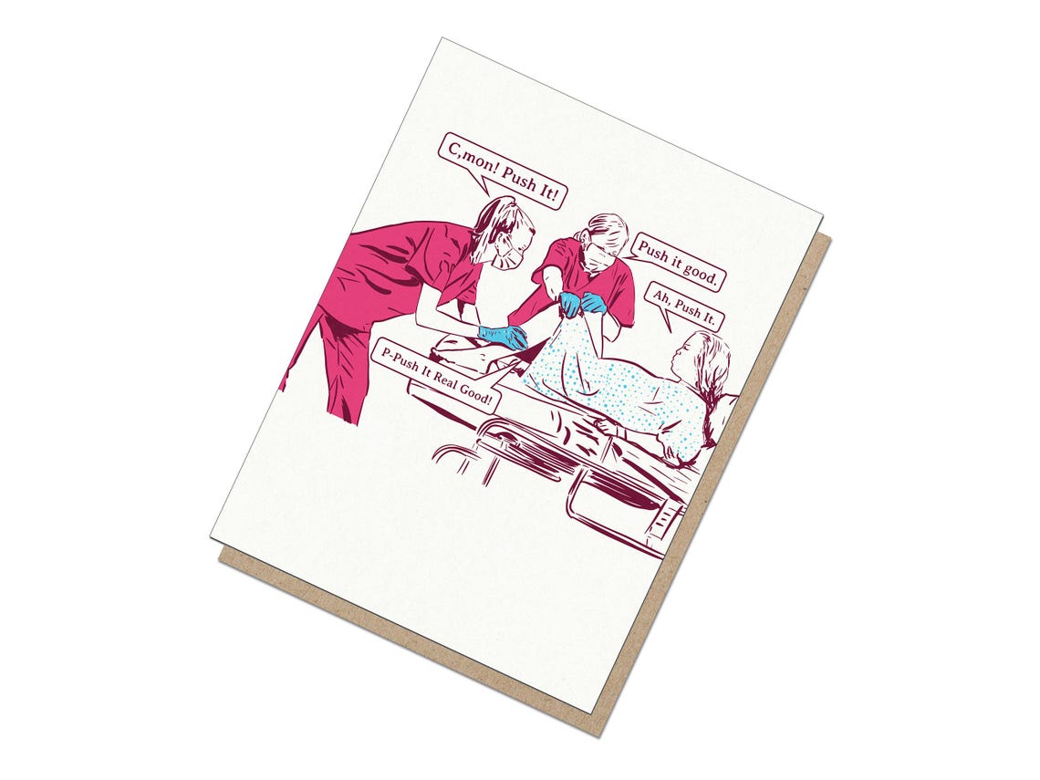 Push It Good | Funny Maternity Pregnancy New Baby Shower Greeting Card ...