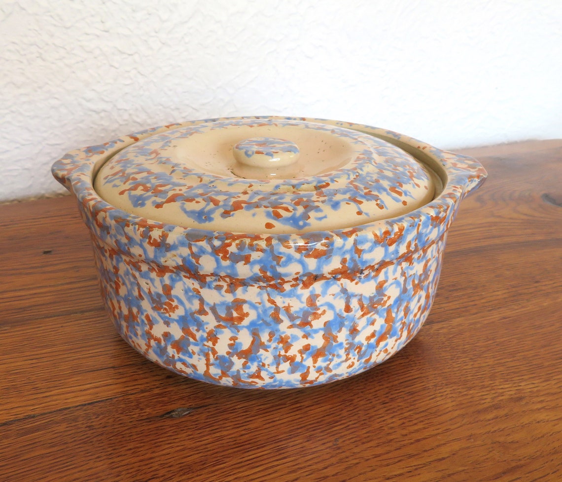 Vintage Antique Red Wing Pottery Spongeware Stoneware Casserole ...