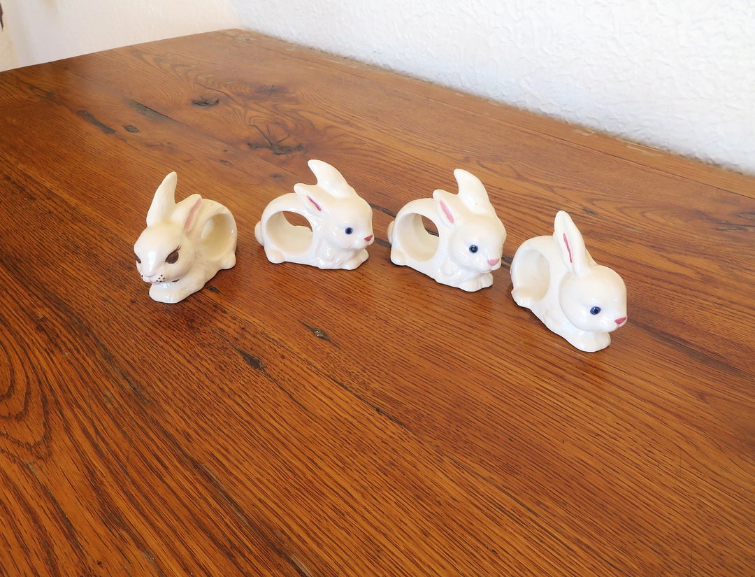 Vintage Hand Painted Ceramic Bunny Rabbit Napkin Rings Set of 4 Easter ...