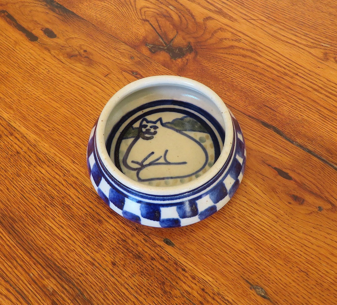 Vintage Debbie Dean Pottery Stoneware Cat Bowl Checkerboard - Etsy
