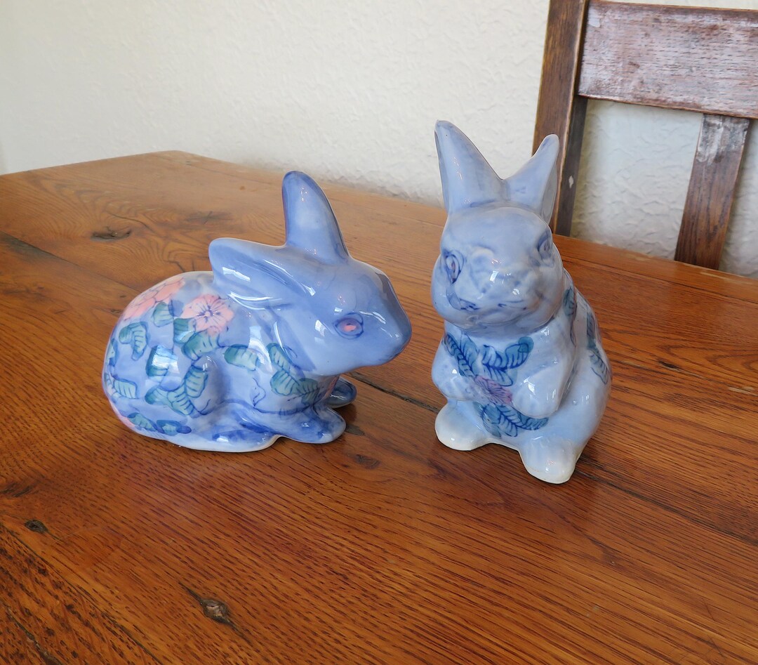 Vintage Porcelain Rabbit Figurines Pair Chinoiserie Floral Blue - Etsy