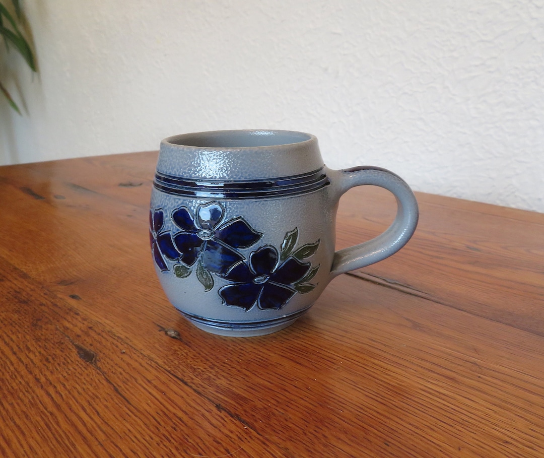 Vintage Salt Glaze Pottery Coffee Mug Blue Flowers - Etsy