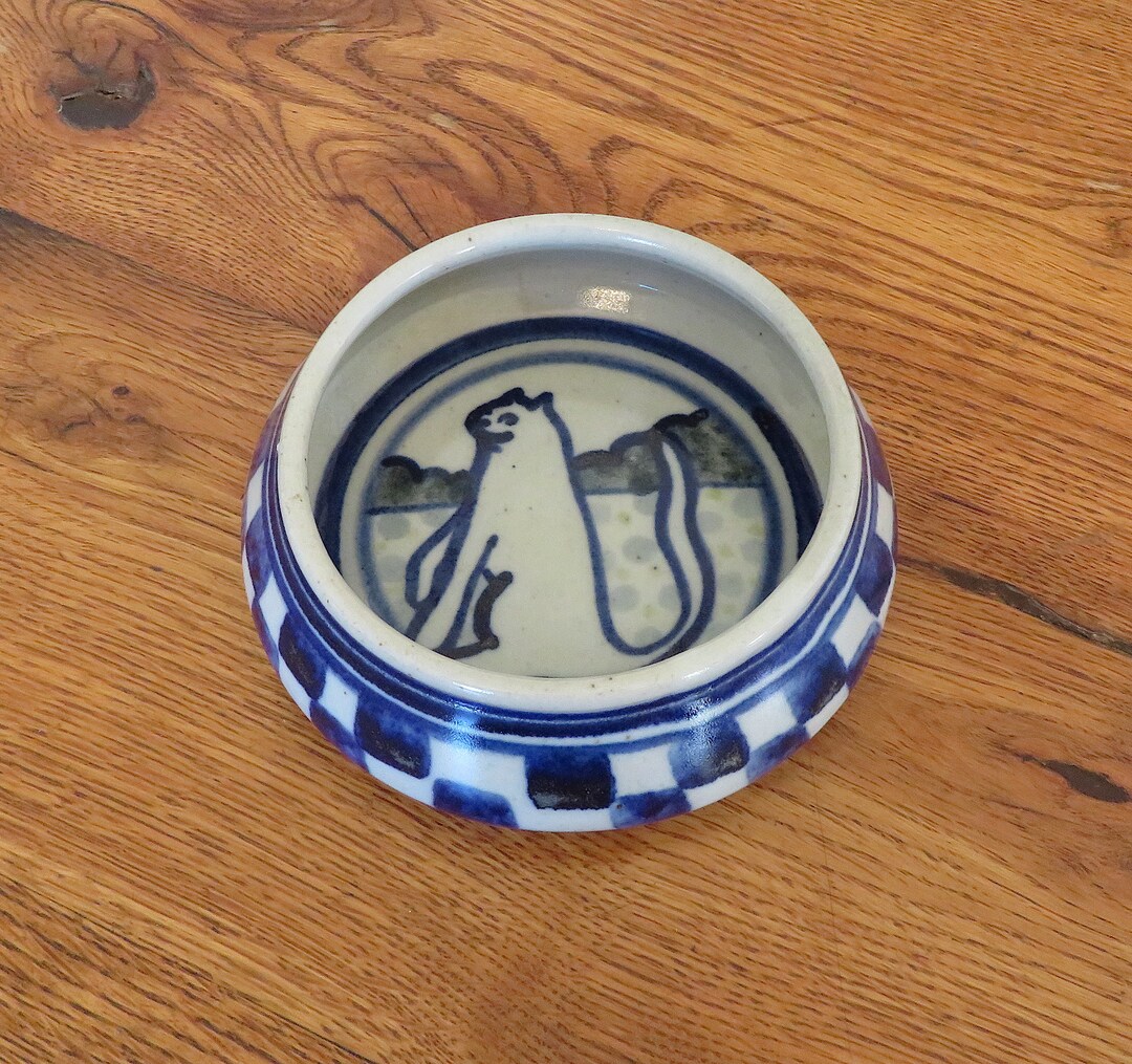 Vintage Debbie Dean Pottery Stoneware Cat Bowl Checkerboard - Etsy