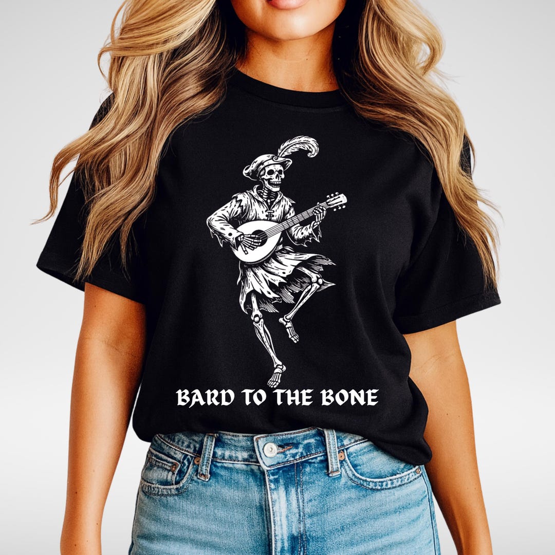 Bard to the Bone T-shirt, Woodcut Skeleton Minstrel Medieval Tee ...